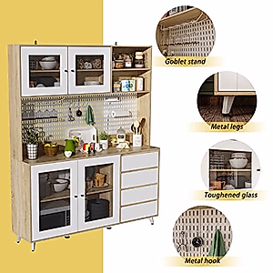 AGOTENI 74.8" Tall Kitchen Pantry Cabinet with 4 Drawers, 4 Doors, Cup Holder, Socket, Microwave Stand, Freestanding Hutch Cabinet with Buffet Cupboard for Kitchen, Dinningroom