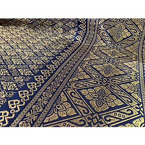 Amornphan 44 Inches Blue and Gold Traditional Thai Silk Damask Fabric for Wedding Dress Skirt by The Yard