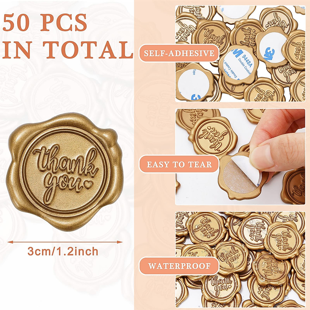 Whaline 50Pcs Thank You Wax Seal Stickers Gold Envelope Seal Stickers 3D Self-Adhesive Embossed Stickers for DIY Greeting Invitation Cards Snail Mails Wine Packages Gift Decor