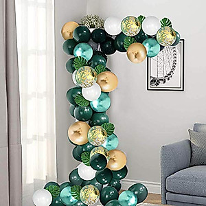 Jungle Theme Party Balloons 50 Pack, 12 Inches Green White Gold Latex Balloons with 10pcs Palm Leaves for Baby Shower, Tropical, Birthday Party Decorations
