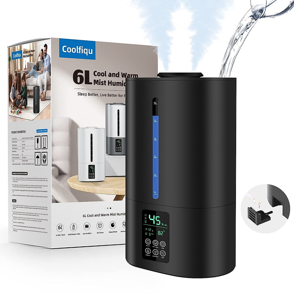 6L Humidifiers for Bedroom Large Room Home, Cool and Warm Humidifiers for Baby and Plants Mist Top Fill Desk Humidifiers Essential Oil Diffuser, Quiet Humidifiers with Adjustable Mist,360°Nozzle-Midnight Black