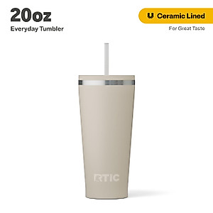 RTIC 20oz Everyday Tumbler Insulated Stainless Steel Portable Travel Coffee Cup with Straw, Spill-Resistant Lid, BPA-Free, Hot and Cold Drink, Ceramic Lining, Beach