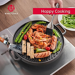 WANGYUANJI Cast Iron Grill Pan,11.8inch Round Cast Iron Skillets with Dual Handles for Barbecue,Suitable for All Stoves with Spatula and Brush