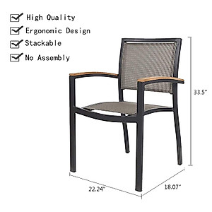 KARMAS PRODUCT 4 Pack Stackable Indoor/Outdoor Patio Dining Chairs with Teak Armrest,Textilene Mesh Fabric Aluminum Frame,Gray