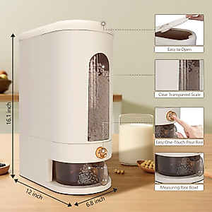 Triiter 25Lbs Rice Dispenser,Large Rice Container with Measuring Cup,Moisture Proof Cereal Dispenser Storage with Time Scale,Dry Food Dispenser,Kitchen Organization Home Pantry Rice Corn(Cream White)