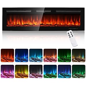 oneinmil Electric Fireplace, 60 inch Wide Recessed and Wall Mounted Electric Fireplace, 750W/1500W, 12 Color Flame, Remote Control, Log Set & Crystal