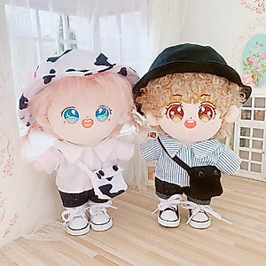 niannyyhouse Cow Clothes Suit 20cm(7.8in) Plush Doll Clothes Fisherman's Hat Denim Shorts White Shirt Doll Dressup(White)