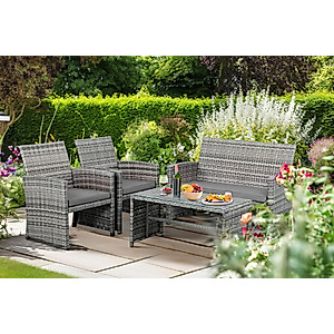 Shintenchi 4-Piece Outdoor Gray Wicker Patio Conversation Furniture Set, Rattan Patio Furniture Set with Weather Resistant Cushions and Tempered Glass Tabletop,Grey