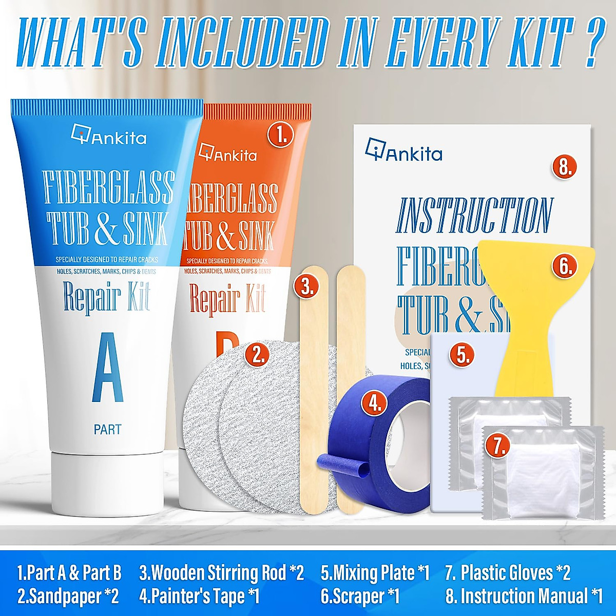 Tub Repair Kit White, Tub Chip and Bathtub Repair Kit for Enamel, Fiberglass, Acrylic, Porcelain, Patch and Repairs Chips, Cracks, Scratches, Rust, Holes on Tub, Toilet, Sink, Shower, Tray in Bathroom