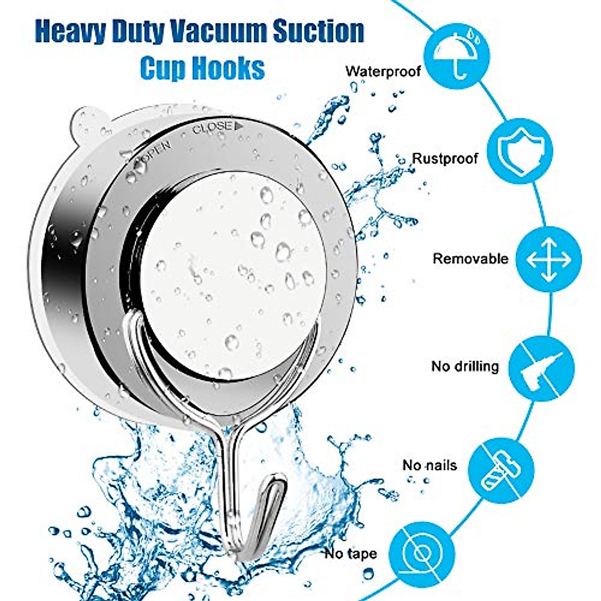 Powerful Vacuum Suction Cup Hooks, 2 Pack Heavy Duty Removable Waterproof Shower Hooks for Towel Bathrobe Coat, Strong Stainless Steel Hooks for Bathroom Kitchen, No Drilling Towel Hanger