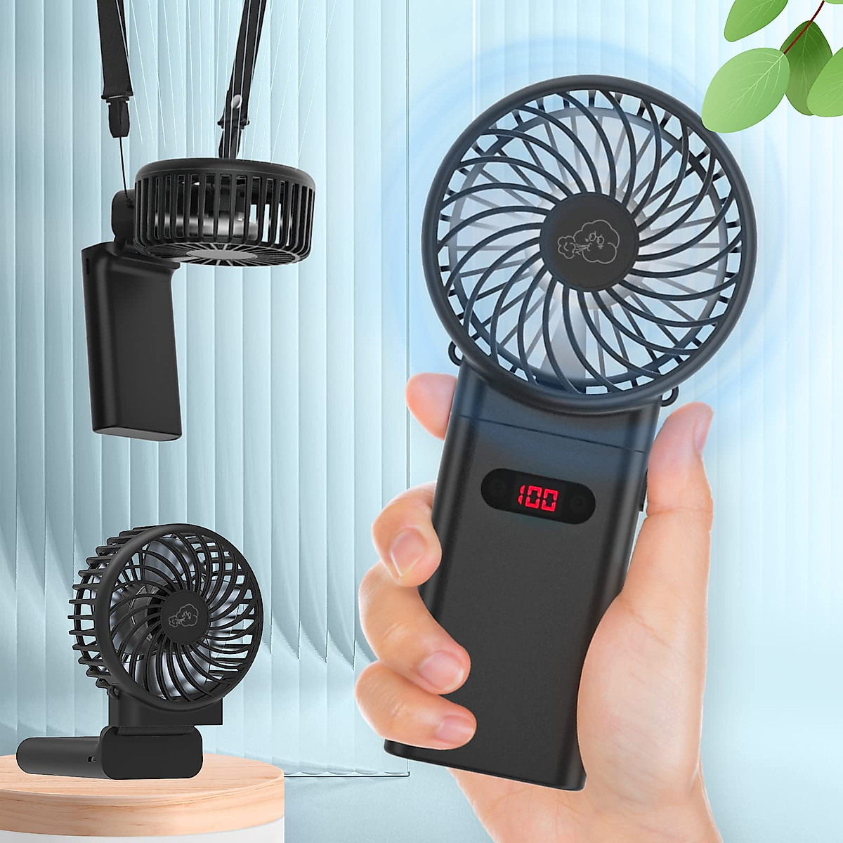 Portable Handheld Fan, 4000mAh Rechargeable Battery Operated Small Desk Fan, Neck Fan with Lanyard & LCD Display, Foldable, 4 Speeds Small Fan Suitable for Outdoor/Camping/Travel/Office…