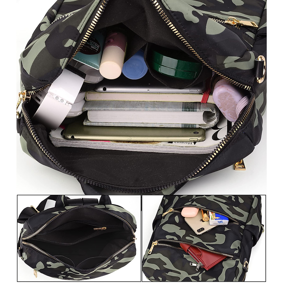 UTO Camo Waterproof Backpack for Women Durable Nylon Multipurpose Roomy Multi pockets Travel Business Shoulder Bag Zoya Camo Green