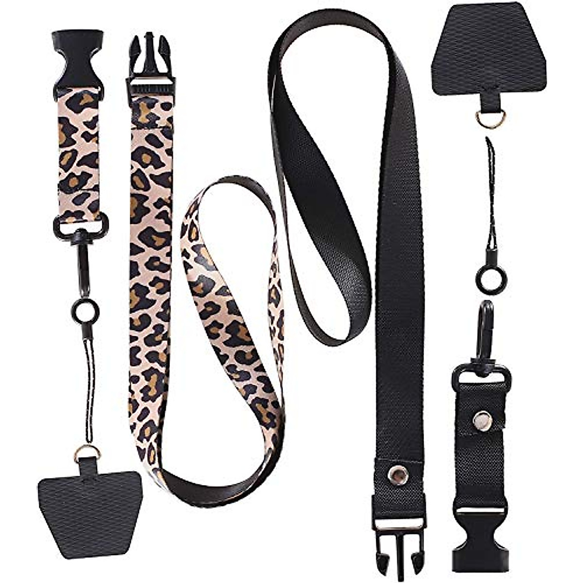 [2 Pack] Cellphone Lanyard Tether, Universal Detachable Neck Strap with Patch for Most Cell Phone Case & iPhone Case (Black+Leopard)