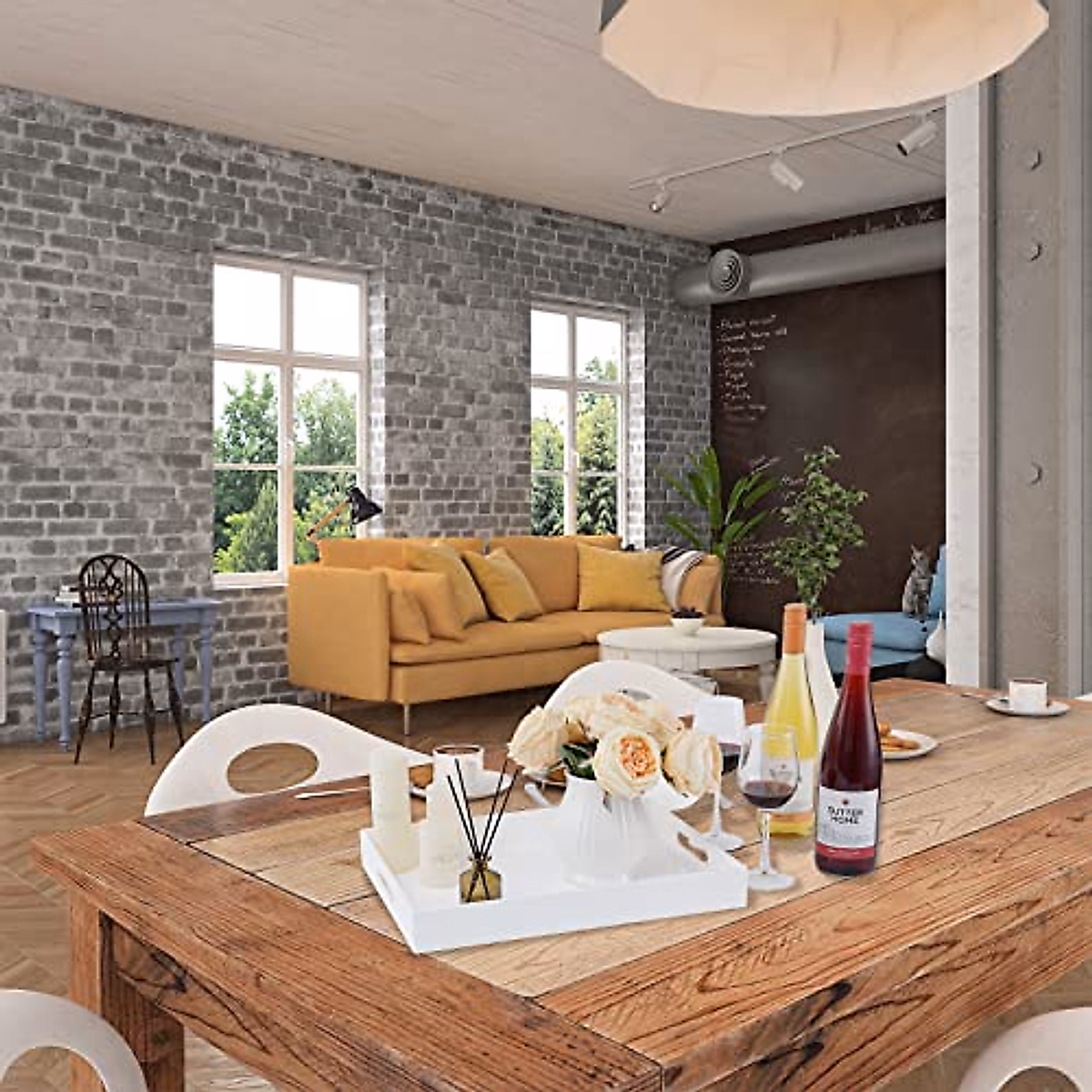 MIKINEE 12×16 Inches Glossy White Acrylic Serving Tray with Handles Ottoman Tray Decorative Tray Spill-Proof Water-Proof Coffee Table Space Saver Countertop Organizer Platter with Safe Edge