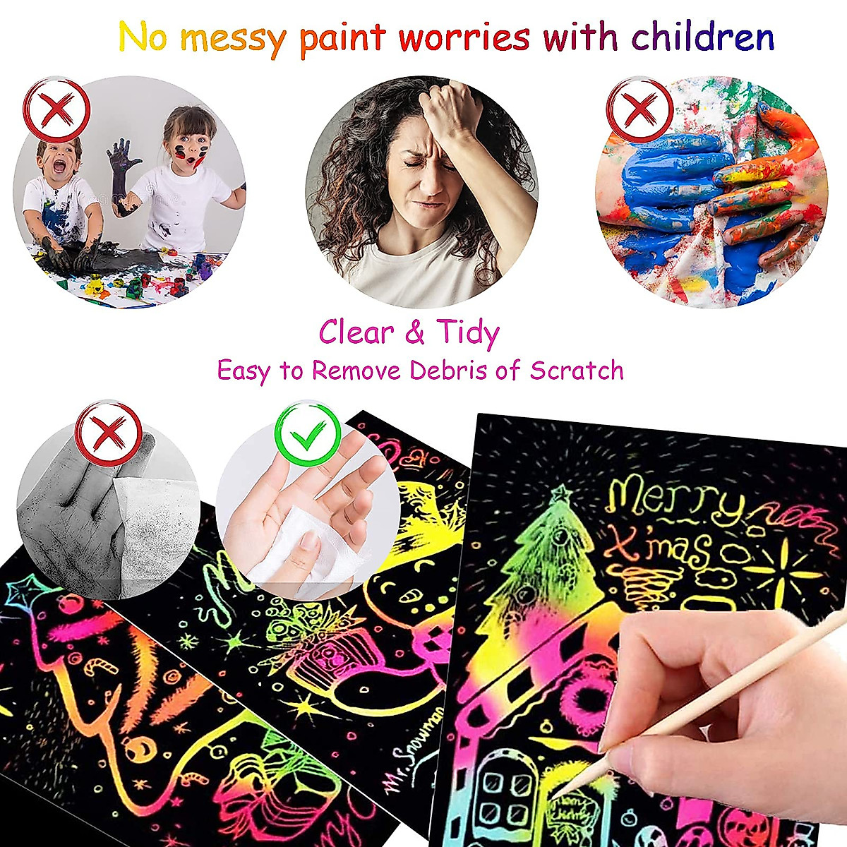 Scratch Paper Art Set, 50pcs Rainbow Scratch Paper Black Scratch Off Paper Art Supplies Magic Kit for Kids Crafts Activity