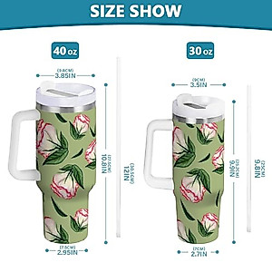 Adornlife Flower Rose Green 30 oz Tumbler with Handle and Straw Lid, 100% Leak-proof Travel Coffee Mug, Stainless Steel Insulated Cup For Beverages, Cupholder Friendly