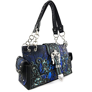 Justin West Camouflage Tree Branches Bling Rhinestone Cross Wings Buckle Crossbody Chain Messenger and Purse (Buckle Blue Handbag Wallet Set)