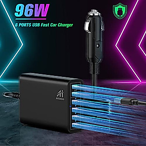 Multi Ports USB Car Charger, 96W 6 Port QC3.0 Fast Car Charger Adapter Multiple Ports, with Four Quick Charge 3.0 Port, 12V-24V Multi Device Cigarette Lighter for Smart Phone & Tablets Charging