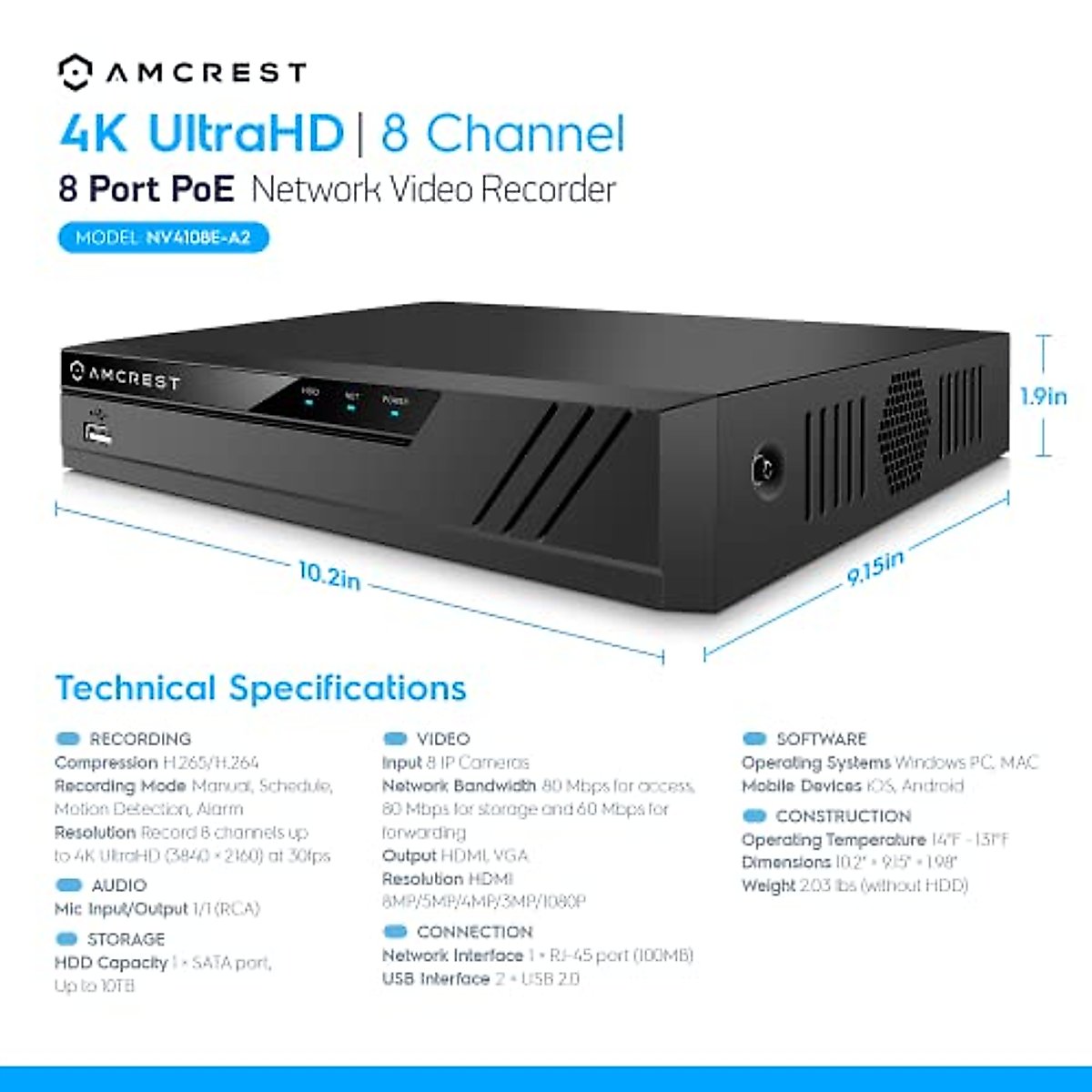 Amcrest NV4108E-A2 4K 8CH POE NVR (1080p/3MP/4MP/5MP/8MP) POE Network Video Recorder - Supports up to 8 x 8MP/4K IP Cameras, 8-Channel Power Over Ethernet Supports up to 10TB HDD (Not Included)