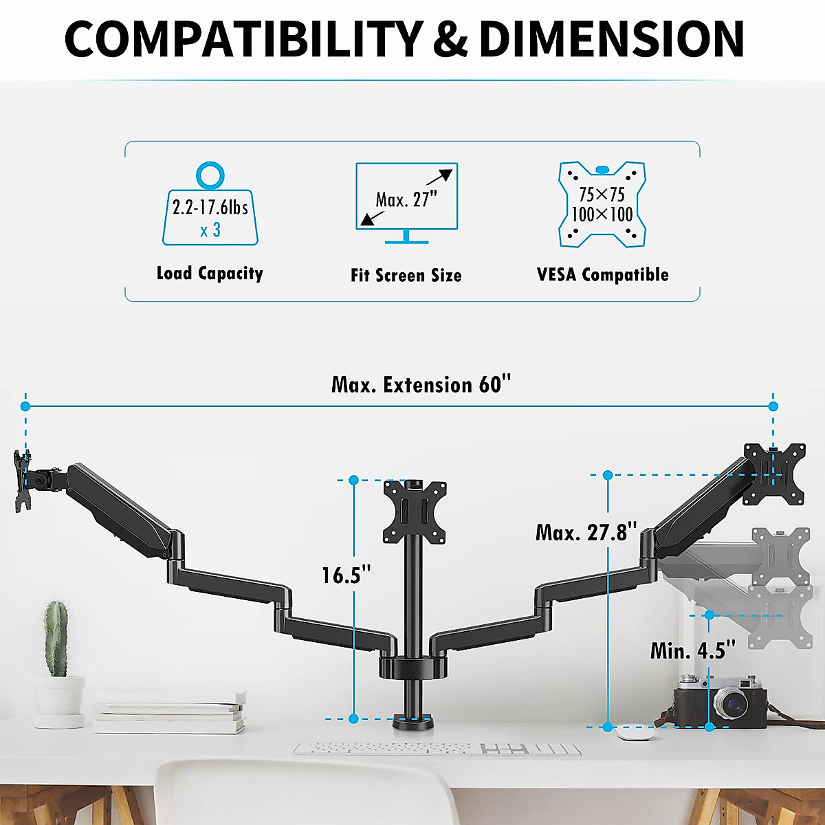 MOUNTUP Triple Monitor Stand Mount& Freestanding Dual Monitor Desk Mount- 3 Monitor Desk Mount for Computer Screens Up to 27 inch, Triple Monitor Arm with Gas Spring, Each Arm Holds Up to 17.6 lbs
