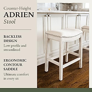 Maven Lane Adrien 26 Inch Counter Height Upholstered Backless Saddle Barstool in White Oak Finish with Natural Color Fabric Cushion Seat, Set of 2