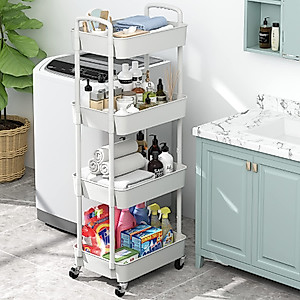 Sywhitta 4-Tier Plastic Rolling Utility Cart with Handle, Multi-Functional Storage Trolley for Office, Living Room, Kitchen, Movable Storage Organizer with Wheels, White