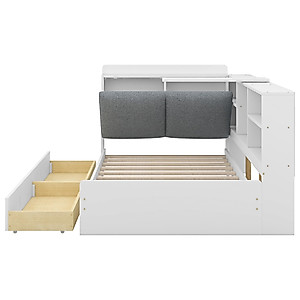 VilroCaz Twin Size Platform Bed with L-Shaped Storage Shelves and Upholstered Headboard, Solid Wood Daybed Frame with 2 Drawers and Rotatable Storage Board, Maximize Space (White-25)