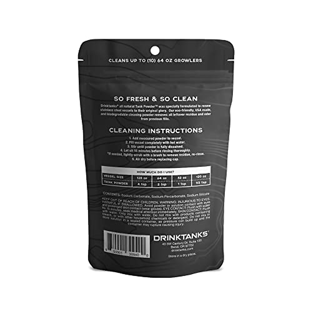 DrinkTanks 4 oz Tank Powder Bag 2-Pack (8 oz); All natural cleaner for stainless steel, plastic, silicone, growlers, & hydration packs; Biodegradable, residue free, & USA made