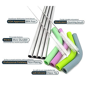 Big Drinking Straws Reusable 13" Extra Long 8mm Extra Wide Food-Grade 18/8 Stainless Steel Silicone Elbows Tips for Smoothie Milkshake Cocktail Juice Hot Drinks - Set of 4 + 2 Cleaning Brushes