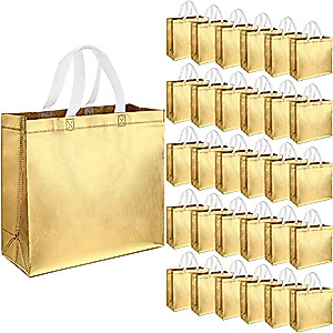 30 Pieces Glossy Reusable Grocery Bag Gift Bags with Handles for Wedding (Gold,12.6 x 4.72 x 11.02 Inch)