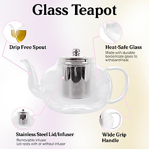 Glass Tea Sets for Adults-Elevate your Tea Time with our Clear Teapot & insulated Cup Set- Tea Pot Sets Kettle w/Infuser for Stove Top & 4 Double Wall Teacups Blooming loose leaf teas Glass Tea set