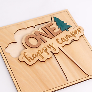CIEQR One Happy Camper Cake Topper - Camping Theme Wooden Cake Topper, First Birthday Cake Decoration for Baby Shower, 1st Birthday Party, Anniversary, Baby Photo Booth Props...