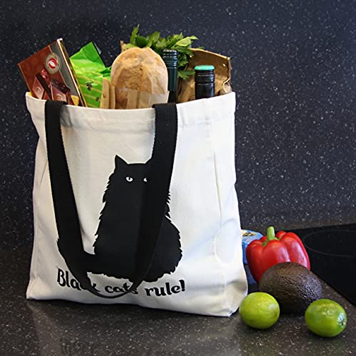 Miller & Max Canvas Tote Bag for Women, Men, 100% Cotton, Cat Cute Print, Durable Design with Inner Pocket, Black Handles, 12 oz Canvas Bag for Shopping, Training and Walk