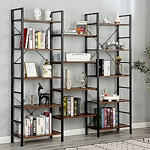 MELLCOM Triple Wide 5 Tier Industrial Bookshelf, 14 Open Storage Cubes, Vintage Wood Bookcase, Cube Bookshelf with Antique Wood and Metal Frames for Living Room, Bedroom & Office, Brown