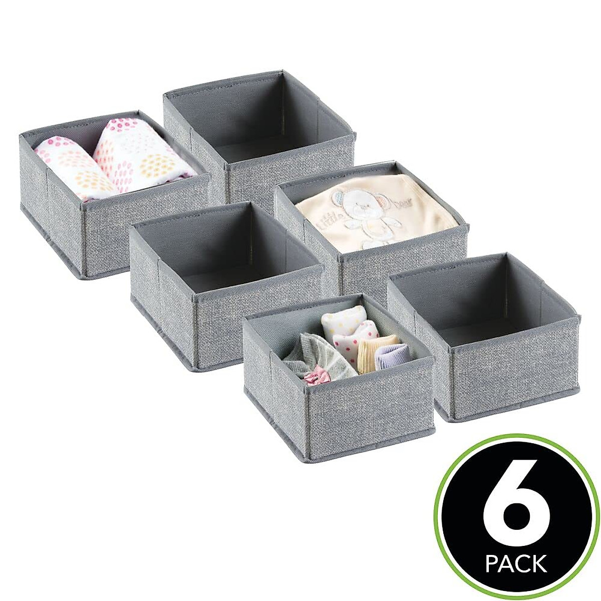 mDesign Soft Fabric Dresser Drawer and Closet Storage Organizer, Bin for Child/Kids Room, Nursery, Playroom, Bedroom - Textured Print with Solid Trim, 6 Pack - Gray