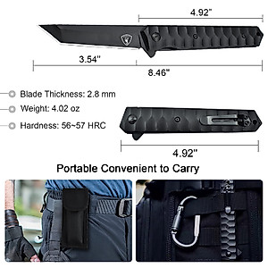 AUBEY Tanto Blade EDC Knife, 440 Steel Pocket Folding Knife with Liner Lock, Clip, Aluminum Handle and Glass Breaker, Nice Gift for Men Women (Black)