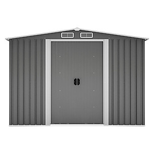 EMKK 10x8 FT Outdoor Storage Shed, Galvanized Steel Metal Garden Shed with Double Sliding Lockable Door, Floor Frame, Vents, Waterproof Tool Shed for Backyard, Lawn, Patio, Teak