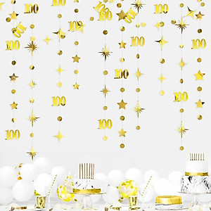 Gold 100th Birthday Decorations Number 100 Circle Dot Twinkle Star Garland Hanging Streamer Bunting Banner Backdrop for Women Mens 100th Anniversary Babys Happy 100 Days Birthday Party Decor Supplies