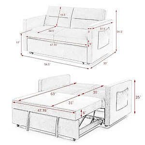 FANYE 3 in 1 Sleeper Sofa Bed,Contemporary Minimalist 2 Seater Loveseat Convertible Sofa&Couch with Pull Out Sofabed and Side Storage Pockets for Home,Office,Apartment,RV Living Room Furniture