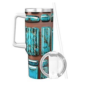 HULIBIN Bright Aqua Blue Turquoise Print Double Deck Stainless Steel Travel Coffee Cup With Lid 40 Oz Ice Bully Cup