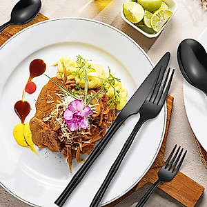 60 Piece Bamboo Shaped Flatware Set Service for 12, 18/10 Stainless Steel Black Bamboo Handle Silverware Cutlery Set For Home Kitchen Hotel Utensils, Mirror Polished, Dishwasher Safe