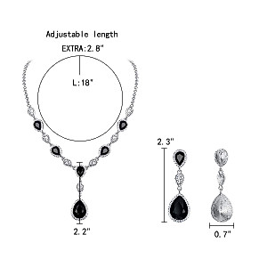 EleQueen Women's Cubic Zirconia Teardrop Y-Necklaces Dangle Earrings Sets for Brides Bridesmaids Black Silver-Tone