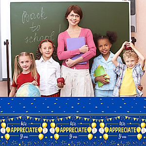 CHUNNIN 3pcs We Appreciate You Table Cloth Thank You Decorations for Work Anniversary Party Disposable Plastic Blue and Gold Table Cover for Coworker Employee Volunteer Teacher Appreciation Supplies
