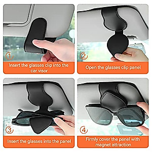 Rhino Valley Sunglasses Holders for Car Sun Visor, 2 Pack Car Glasses Holder Clip Organizer Eyeglasses Mount with Card Clip for Car Sun Visor Magnetic Adsorption Leather Glasses Hanger, Black