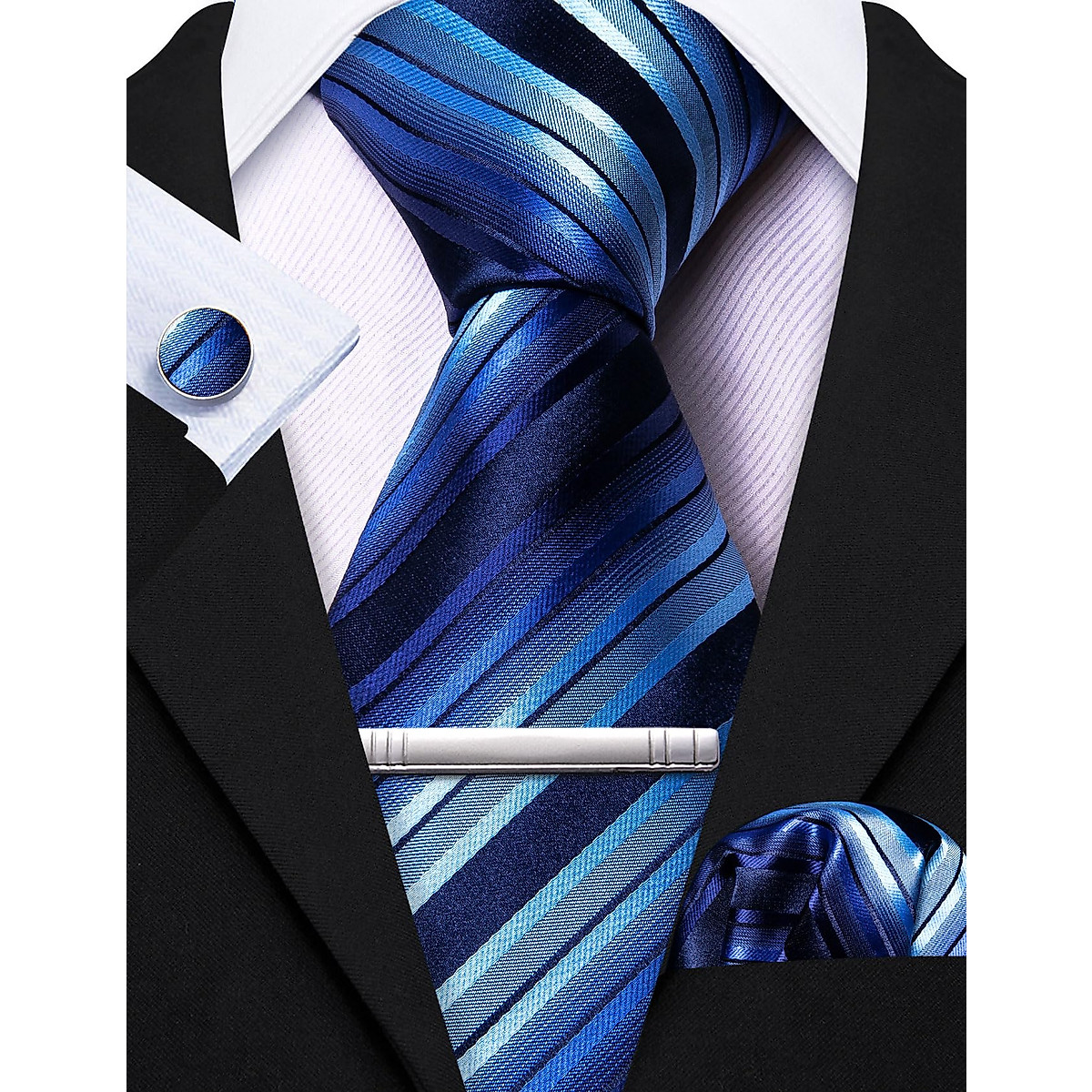 Barry.Wang Designer Blue Ties for Men Handkerchief Cufflink and Tie Clip Necktie Set Fashion