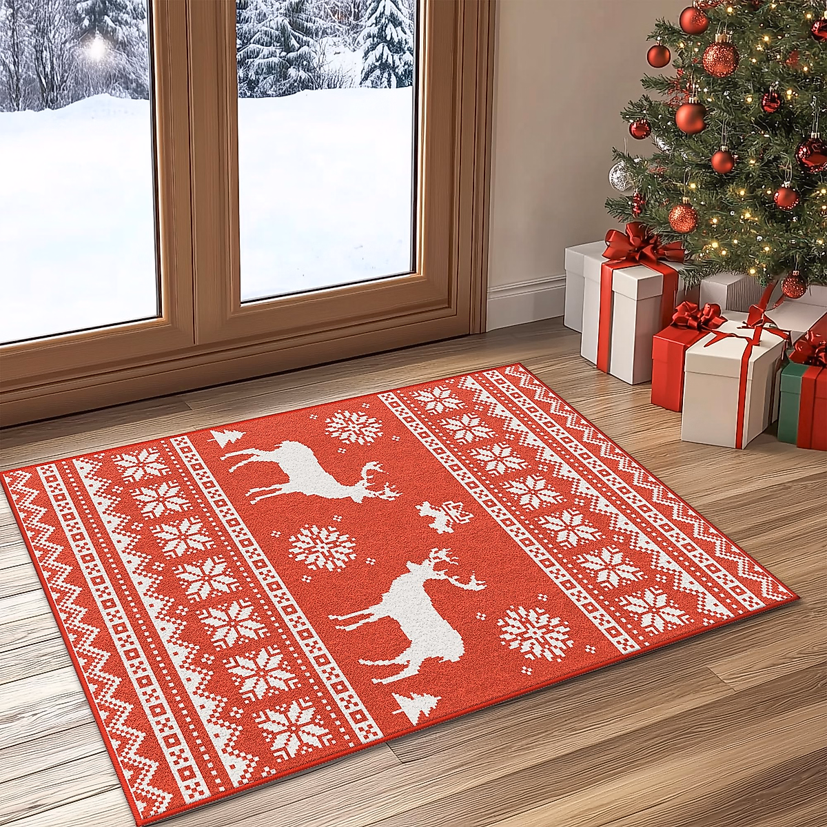 Bavni 2X3 Entryway Rug, Holiday Christmas Rug for Fireplace Bedroom, Non-Slip Small Area Rug, Soft Aesthetic Xmas Festive Carpet, Machine Washable Rug for Indoor Decor, Xmas Red