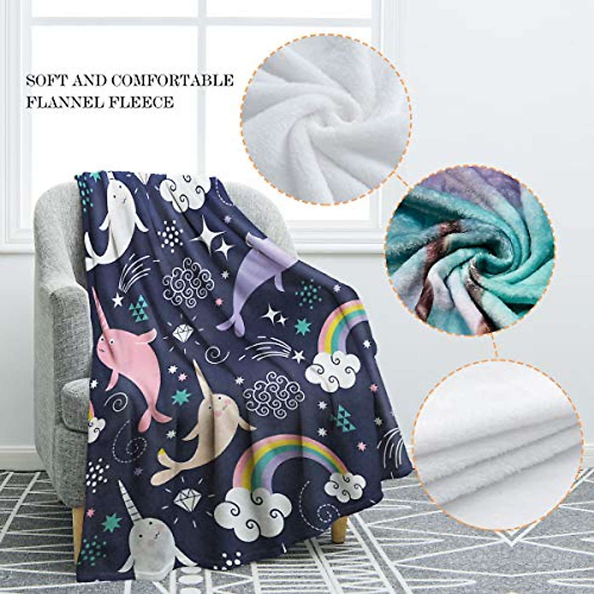 Jekeno Narwhals Blanket Throw Smooth Soft Blanket for Sofa Couch Bed Office 50"x60"