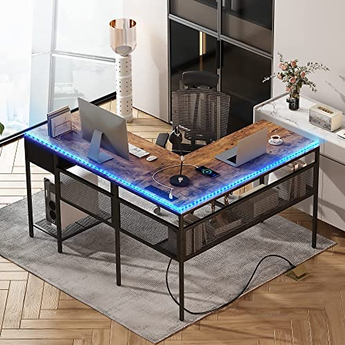 SUPERJARE L Shaped Desk with Power Outlets & LED Lights, Computer Desk with Storage Shelves & Fabric Drawer, Reversible Corner Desk with Bookshelf, Home Office Desk, Rustic Brown