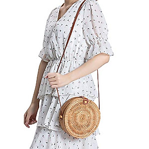 Handwoven Round Rattan Bag Shoulder Leather Straps Natural Chic Hand