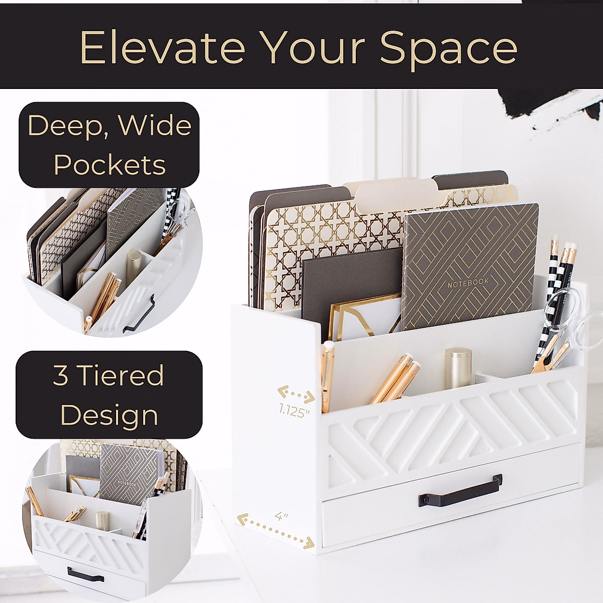 White Wood Desk Organizers and Storage with Drawer - Bill Mail Organizer and Mail Holder for Countertop and Kitchen - Desk Accessories & Workspace Organizers by Blu Monaco